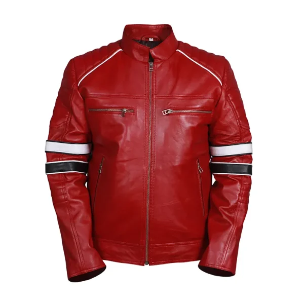 Men's Cafe Racer Red Striped Leather Jacket